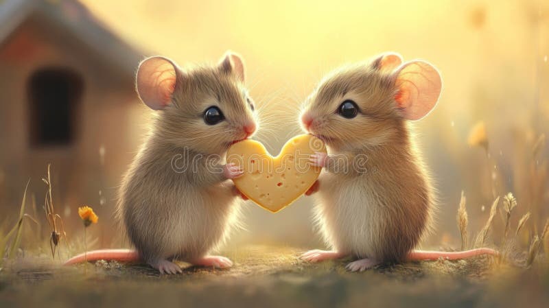 Two Adorable Mice Sharing Heart Shaped Cheese Stock Illustration ...