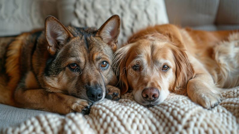 Two Adorable Mixed Breed Dogs are Relaxing Together on the Couch Stock ...