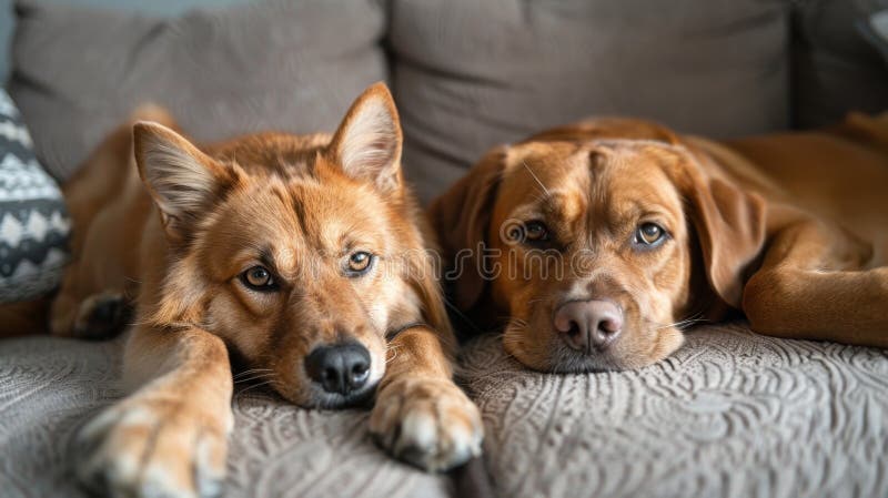 Two Adorable Mixed Breed Dogs are Relaxing Together on the Couch Stock ...