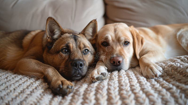 Two Adorable Mixed Breed Dogs are Relaxing Together on the Couch Stock ...