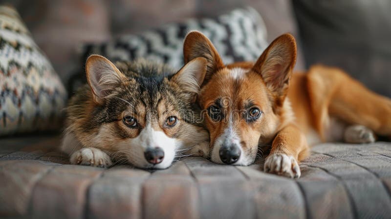 Two Adorable Mixed Breed Dogs are Relaxing Together on the Couch Stock ...