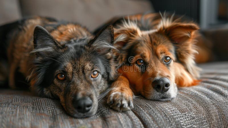 Two Adorable Mixed Breed Dogs are Relaxing Together on the Couch Stock ...