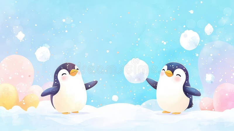 Two Adorable Penguins Playing in the Snow, Throwing Snowballs at Each ...