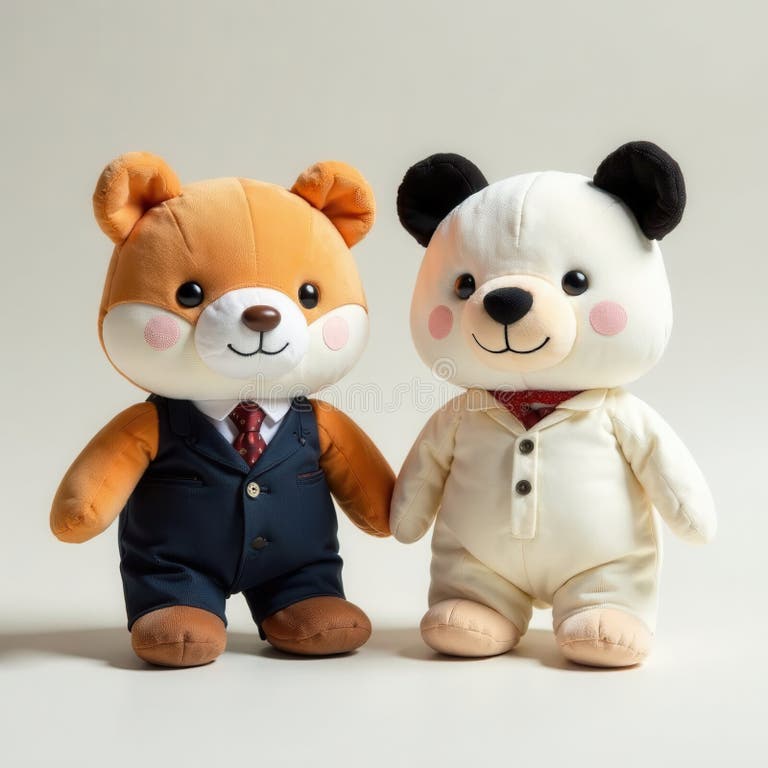 Two Adorable Plush Bears Dressed in Suits Posing Together in a Studio ...