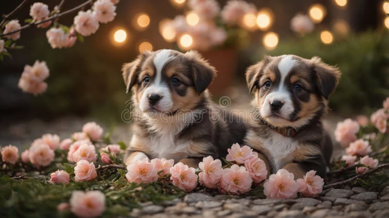Adorable Puppy Pair among Pink Blossoms in the Garden Stock ...