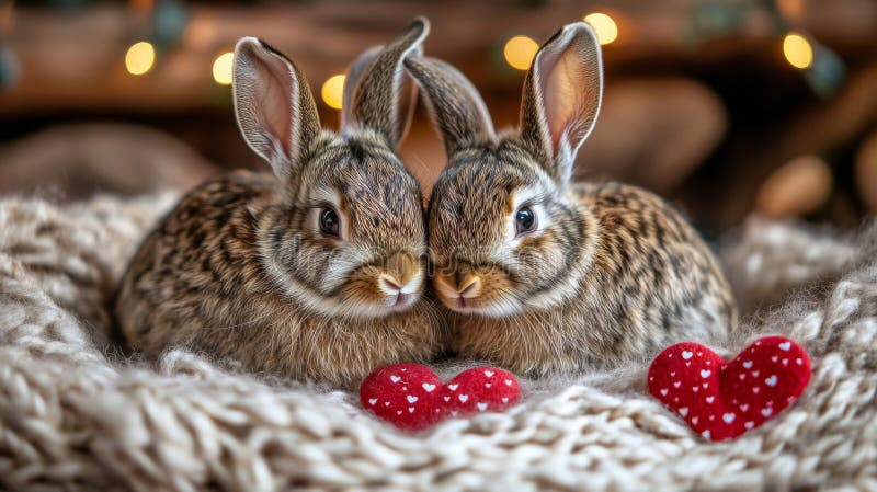 Two Adorable Rabbits Cuddle Together on a Soft Blanket Stock ...