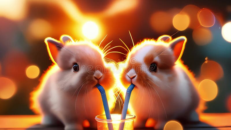 Magical Sunset Romance: Two Rabbits Sharing a Drink through Straws ...