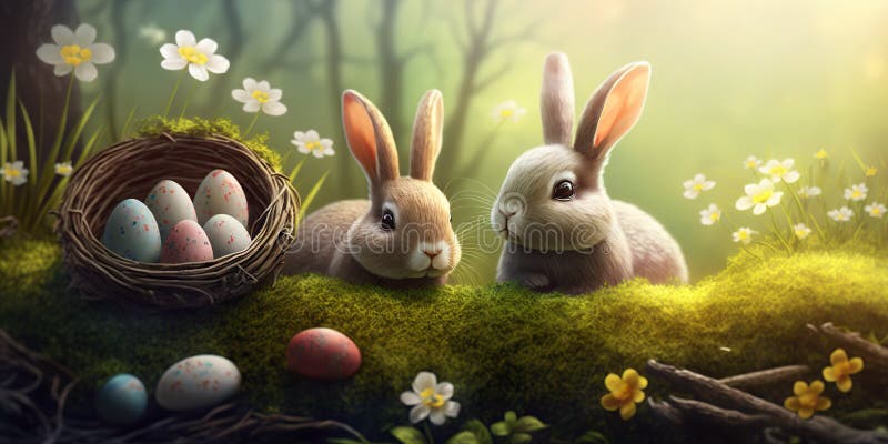 Two Adorable Rabbits in a Forest - Generative AI Stock Illustration ...