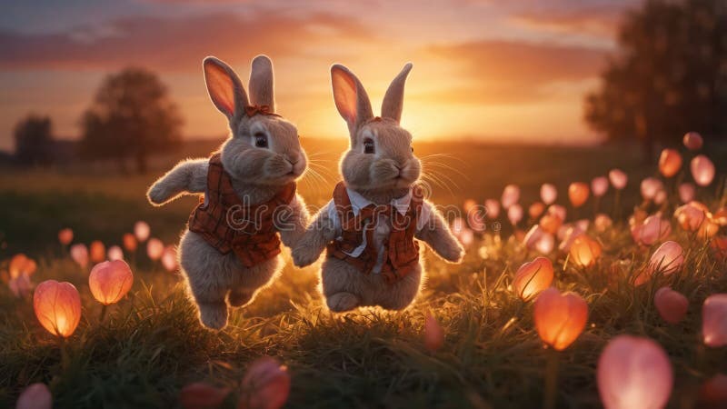 Adorable Bunny Couple Leaping through Sunset Field of Heart-Shaped ...