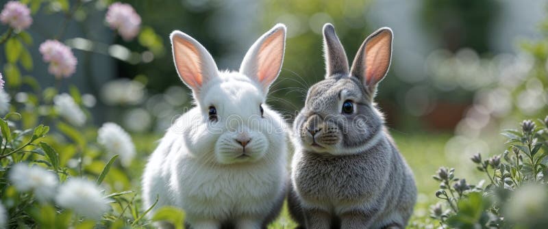 Two Adorable Rabbits Pose in an Outdoor Garden Scene. Stock Photo ...