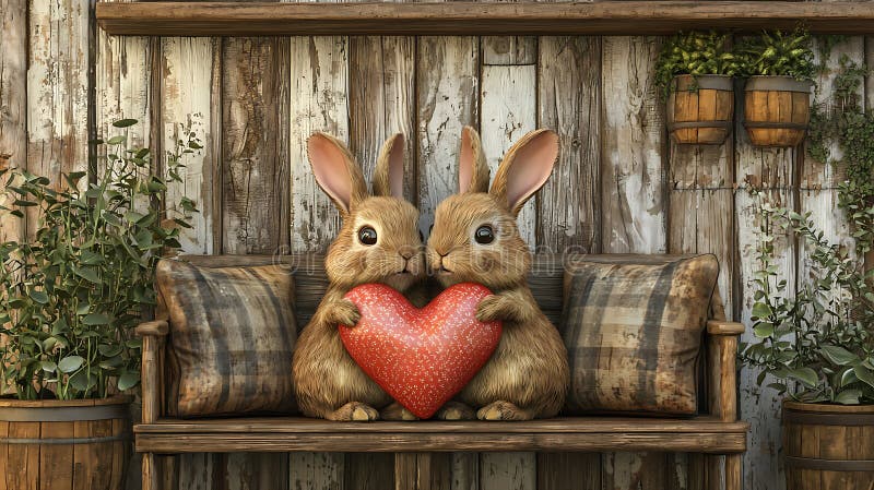 Two Adorable Rabbits Sharing a Heart on Rustic Wooden Bench Stock ...