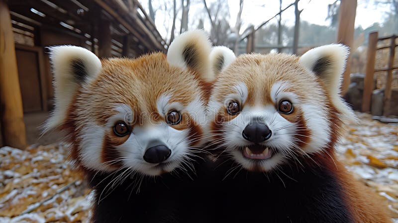 Two Adorable Red Pandas Cuddle Close Together Outdoors in Winter Stock ...