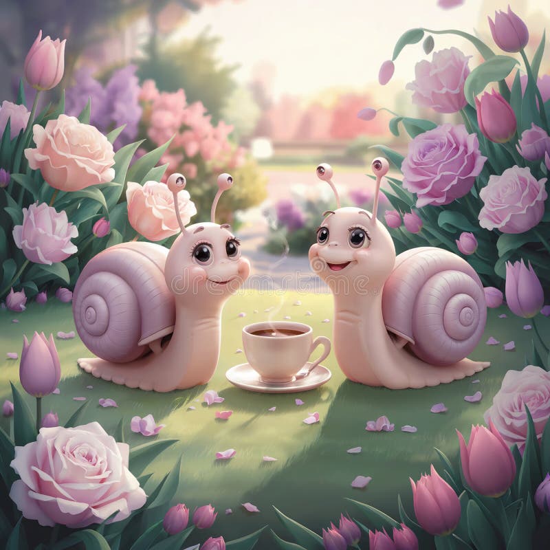 Two Adorable Snails Sit Together Enjoying a Cup of Coffee Stock ...