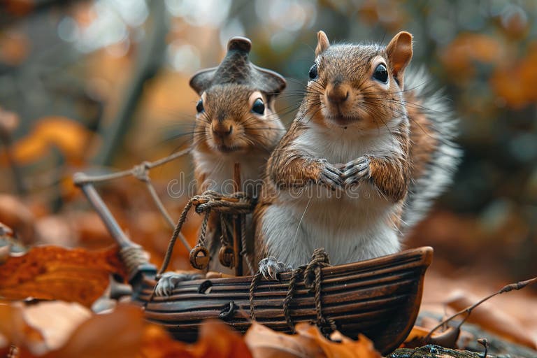 Two Adorable Squirrels on a Tiny Boat in a Forest Stock Illustration ...