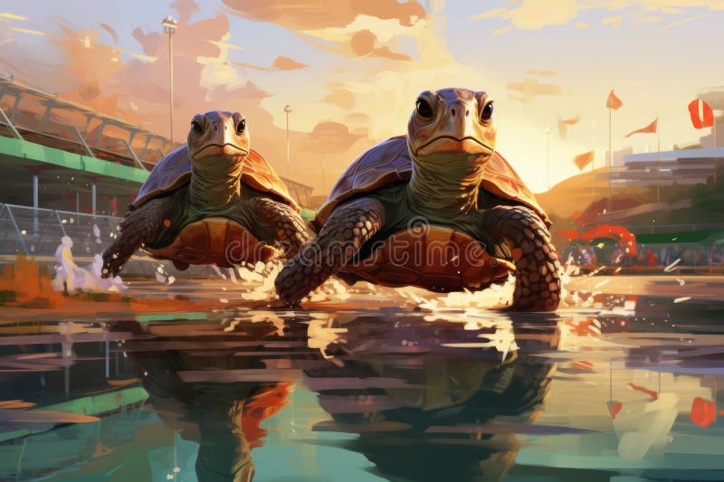 Two Adorable Turtles Emerging from Water, Illustration. Stock Image ...