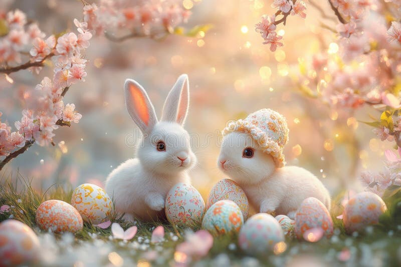 Two Adorable White Easter Bunnies Posing with Decorated Eggs in a ...