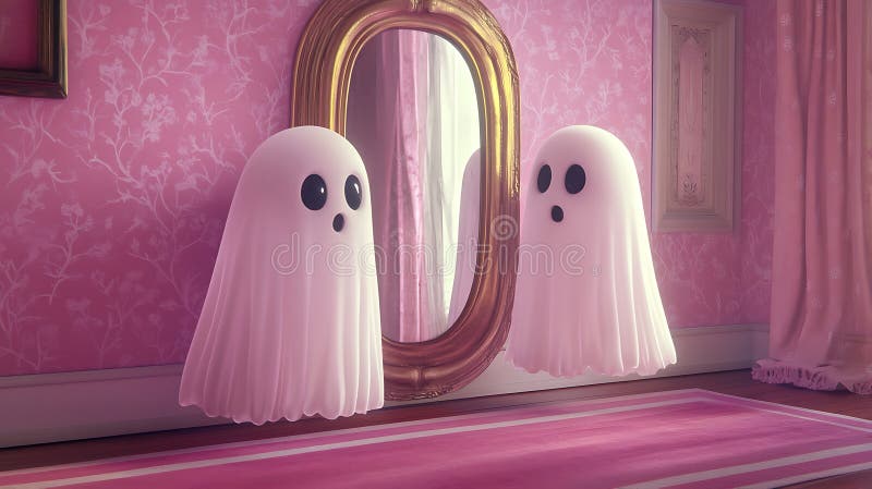 Two Adorable White Ghosts with Black Eyes Stand before an Ornate Oval ...