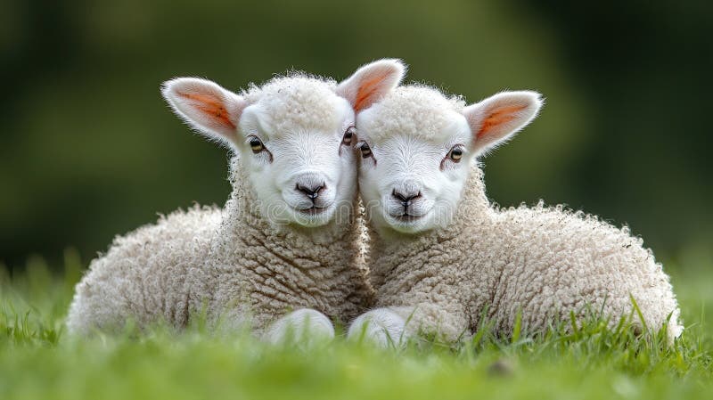 Two Adorable White Lambs Cuddling Together in a Green Pasture Stock Illustration - Illustration ...