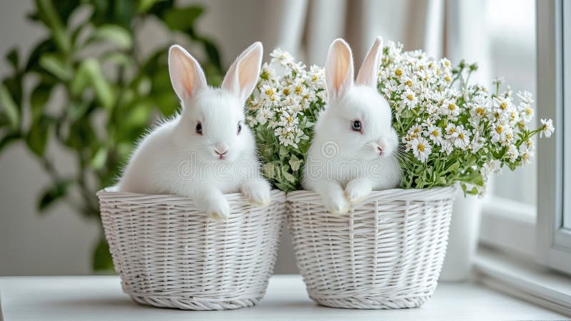 Two Adorable White Rabbits in White Baskets with Flowers Stock ...