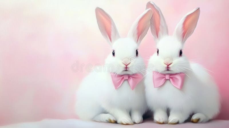 Two Adorable White Rabbits with Pink Bows Sit Side by Side on a Gentle ...
