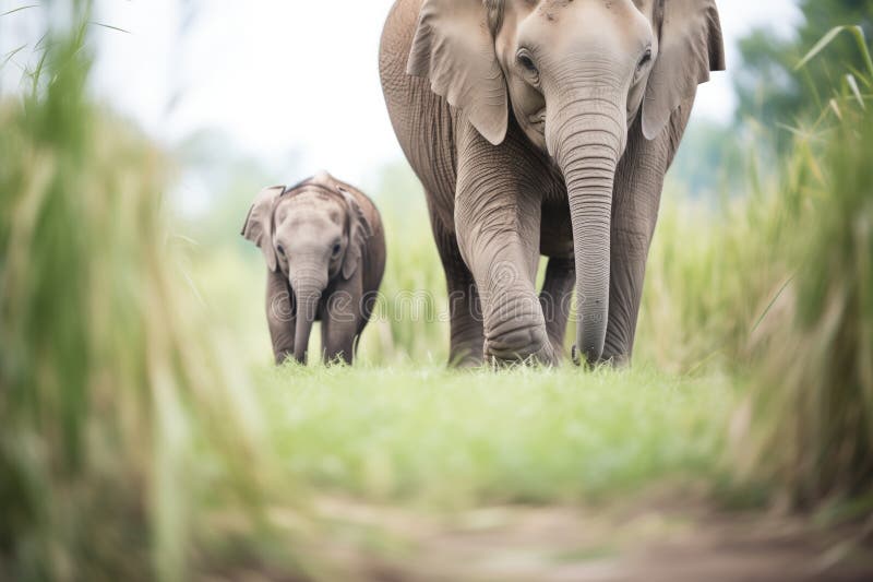 Two Adult Elephants Flank a Walking Calf Stock Illustration ...