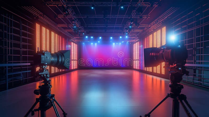 Studio Setup with Professional Cameras and Vibrant Lighting in a ...