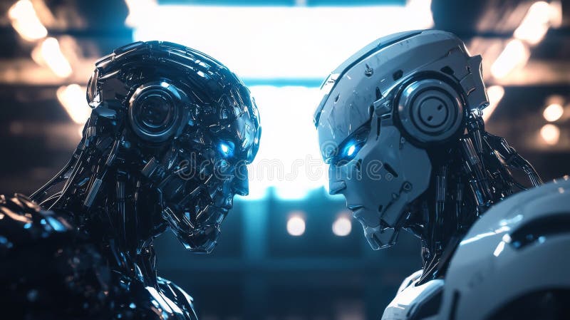 Two Advanced Humanoid Robots Face Off in a Futuristic Setting with ...