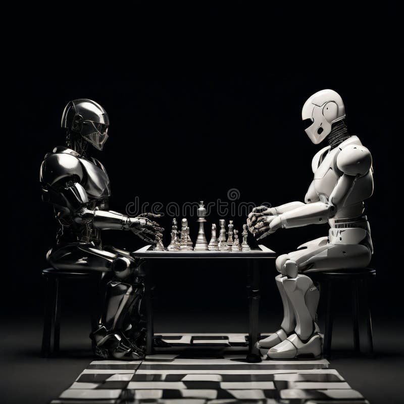 Two Humanoid Robots Playing Chess in a Dark Futuristic Setting Stock ...