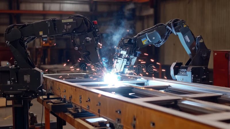 Advanced Robotic Arms Welding Metal Components in a Modern Industrial ...