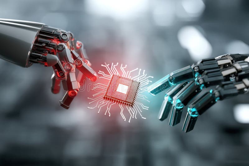 Robotic Hands Reach for a Glowing Microchip in a Futuristic ...