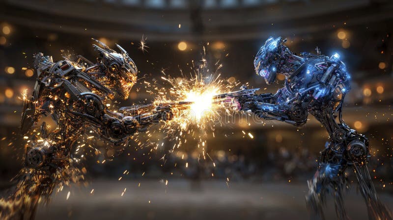 Epic Clash of Futuristic Robots in a Vibrant Arena Digital Art Sci-fi ...