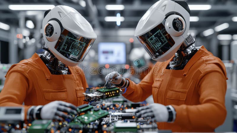 Two Advanced Robots in a High-tech Factory Assemble Electronic Devices ...