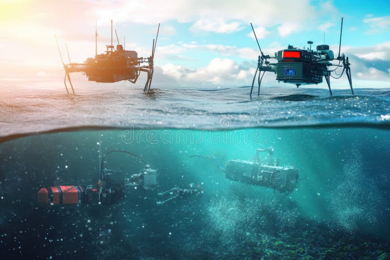 Underwater Robots Exploring Coral Reefs during a Sunny Day with Clear ...