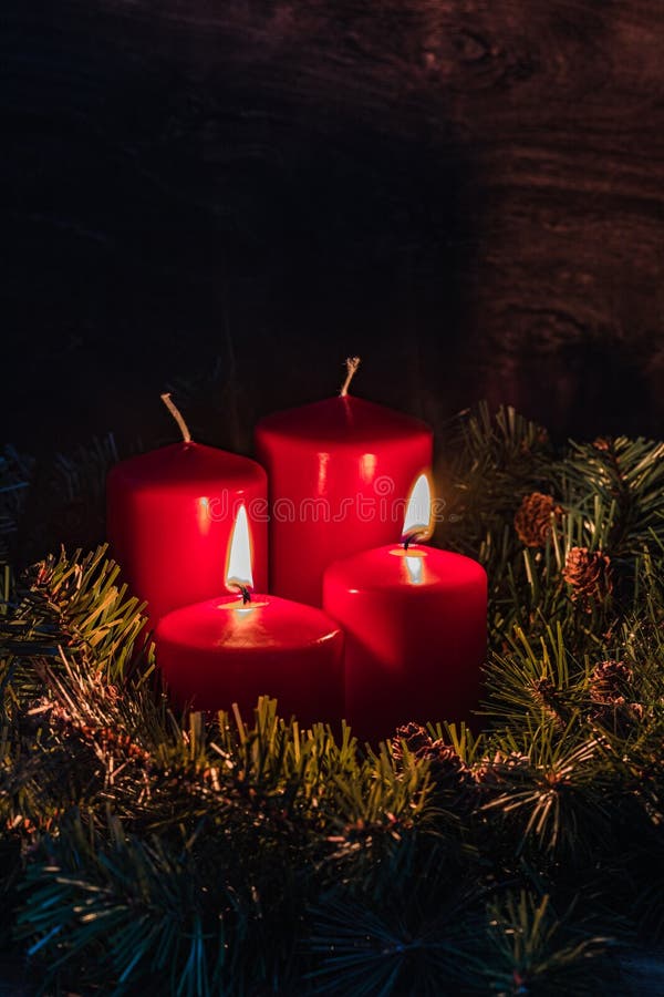Two Advent Burning Candles, Christmas Decoration, Postcard Concept ... Two Advent Burning Candles, Christmas Decoration, Postcard Concept ...