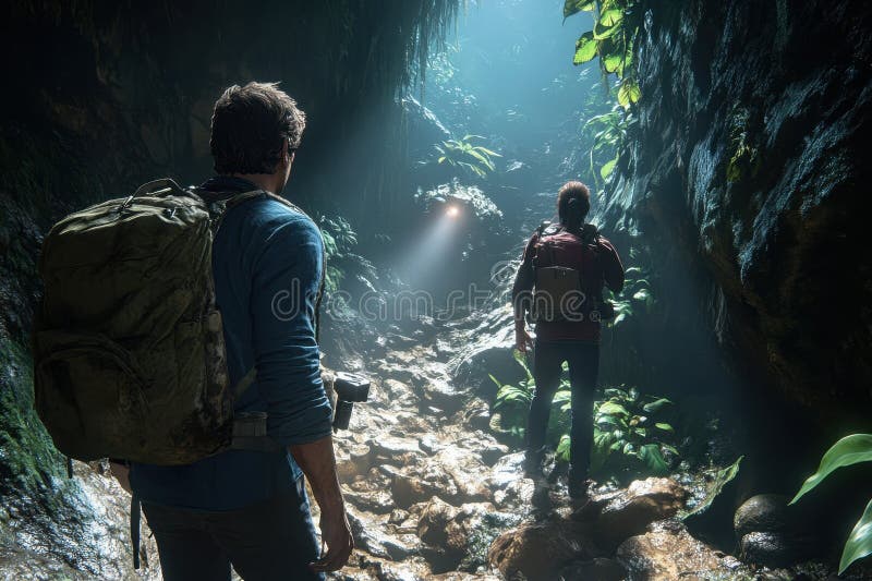 Two Adventurers in a Cave with a Light at the End Stock Illustration ...