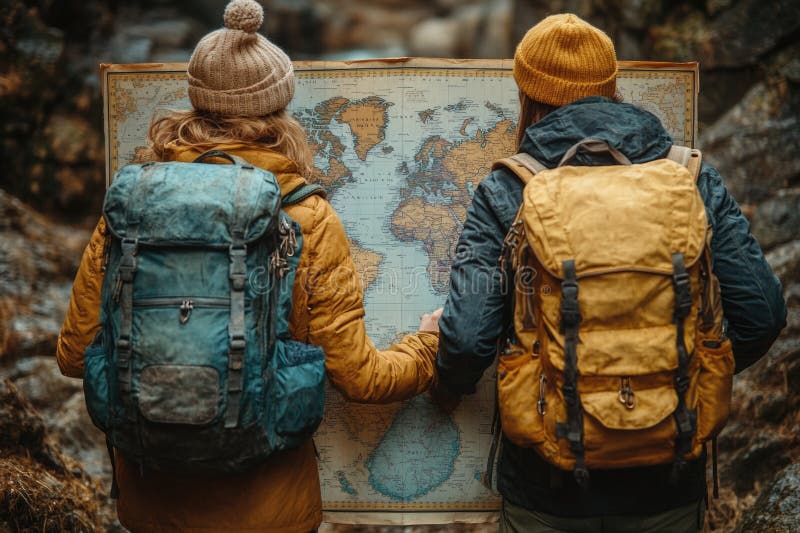 Two Adventurers Studying a Map before Embarking on Their Journey Stock ...