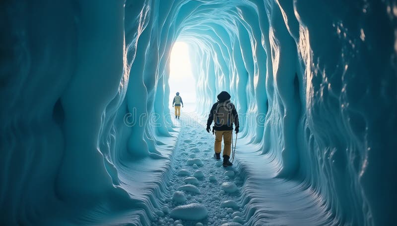 Two Explorers Walking through a Snowy Ice Cave Stock Illustration ...
