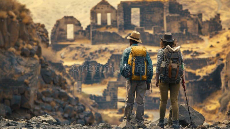 Two Adventurous Explorers Dressed in Hiking Gear Stand Side by Side ...