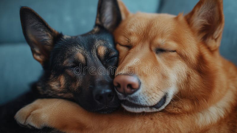 Two Affectionate Dogs Hug Each Other Tightly, Showcasing Their Bond on ...