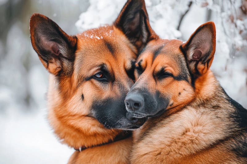 Two Affectionate German Shepherds Cuddling in a Winter Wonderland ...