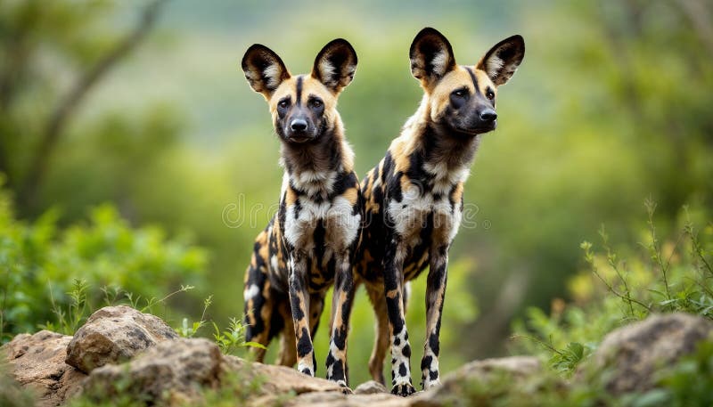 Two African Wild Dogs Standing on a Rocky Terrain in the Wilderness ...