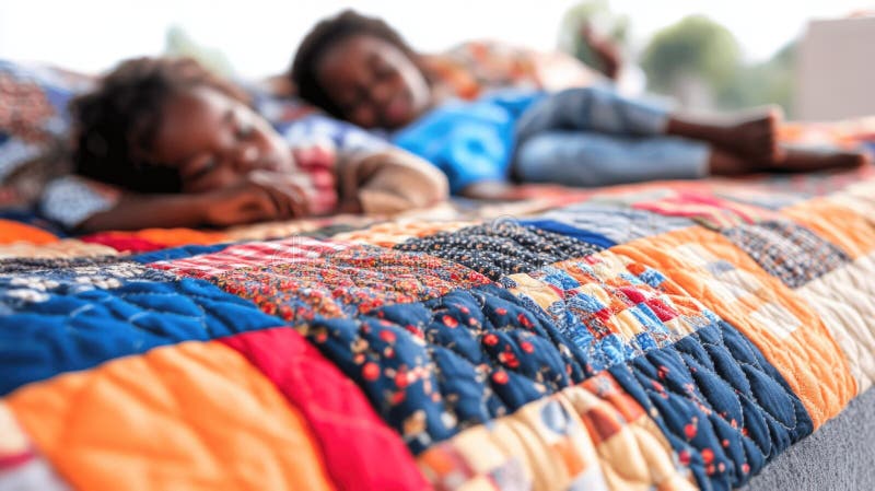 Two African Young Children Resting on Colorful Patchwork Quilt Stock ...