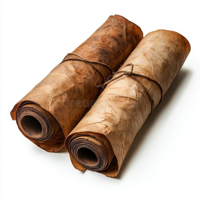 Two Aged Rolled Scrolls Tied with Rustic Twine on a White Background ...