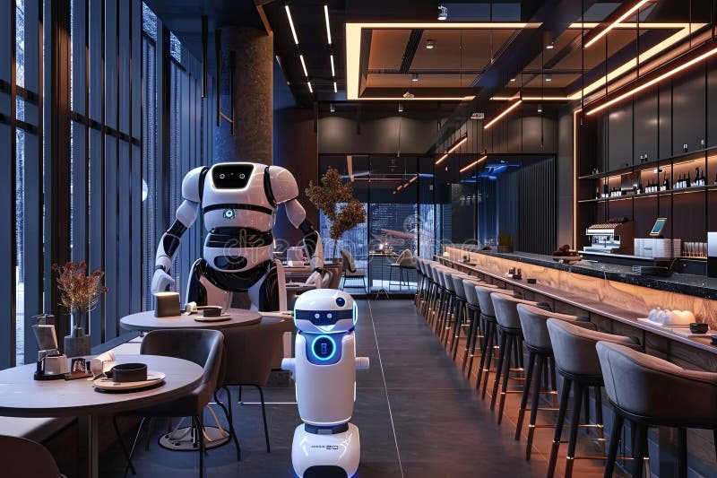 Two AI-powered Robots Serving Customers in a Modern Restaurant Setting ...