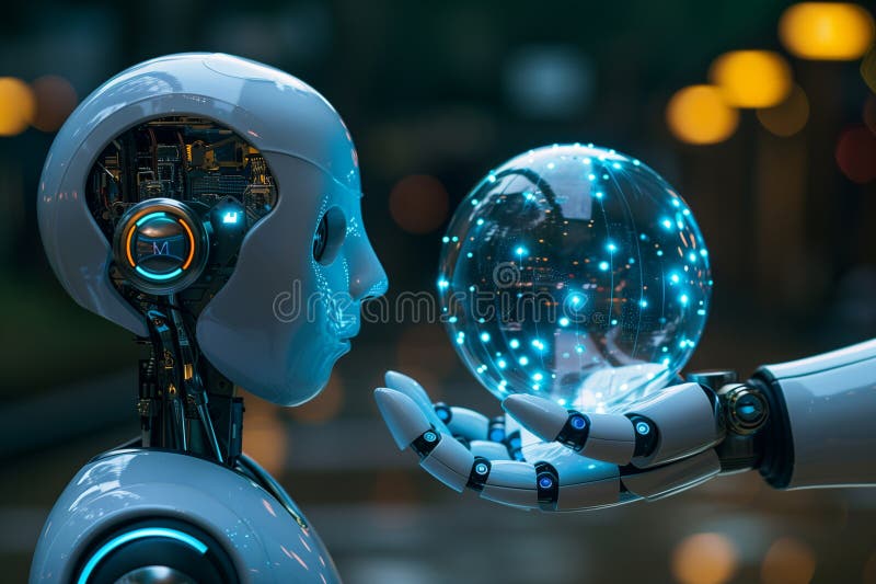 Two AI Robots Interacting with a Luminous Sphere in a Network Stock ...