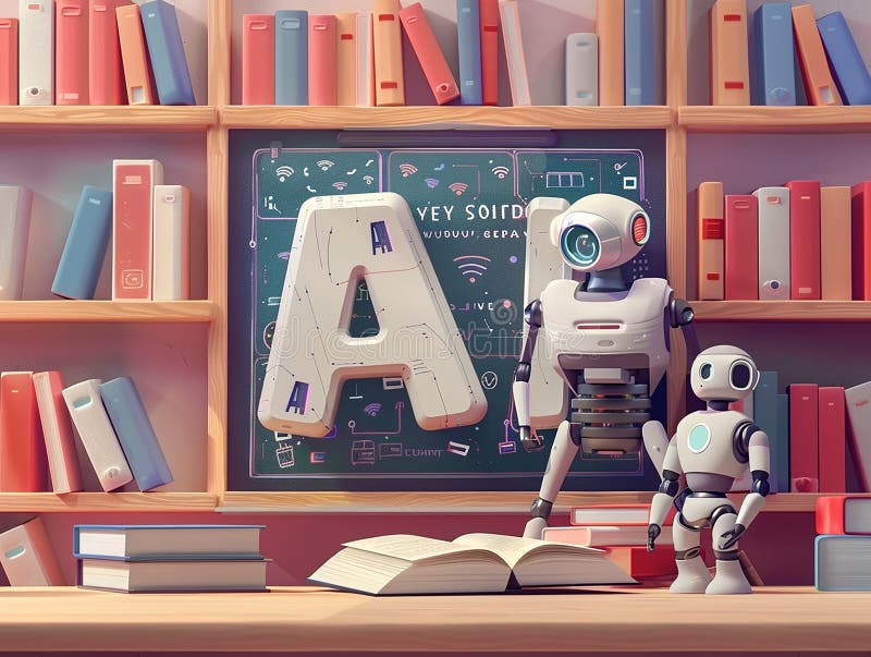 Ai Robots Learning in a Library Stock Illustration - Illustration of ...