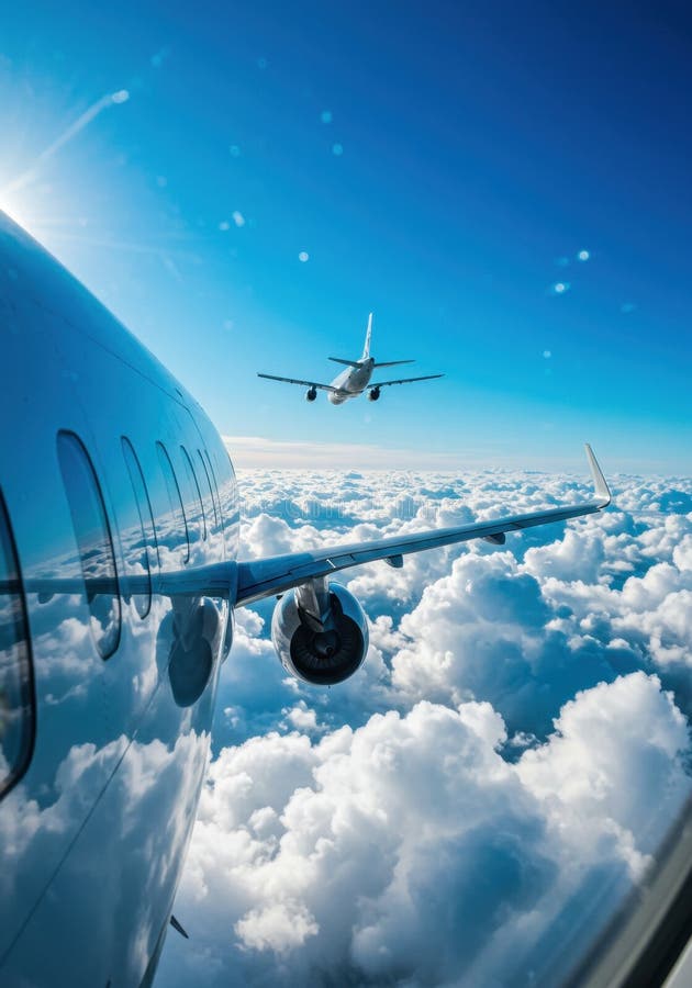 Two Airplanes Flying Above Fluffy White Clouds Under Bright Sunlight ...
