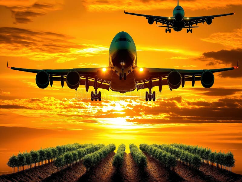 Two Airplanes Flying Over Reforestation Project at Sunset Stock ...