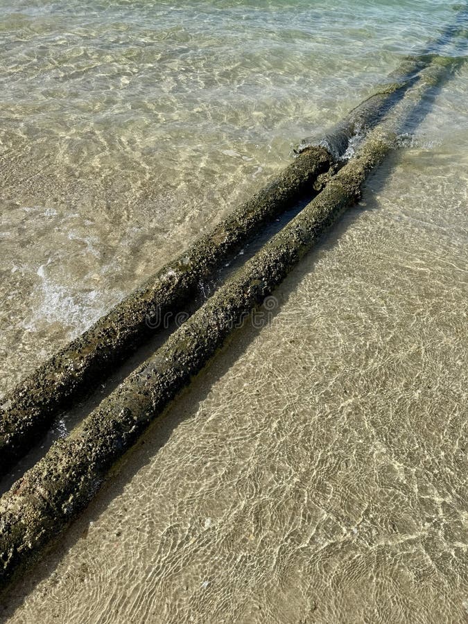 Two Algae-covered Pipes Extend through Clear Shallow Water Over Sandy ...