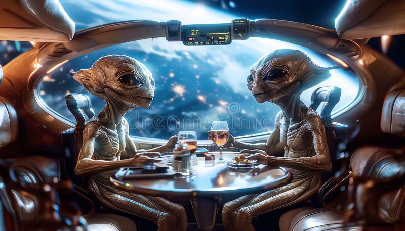 Two Aliens of Different Species Sitting at a Table on a Spaceship. the ...